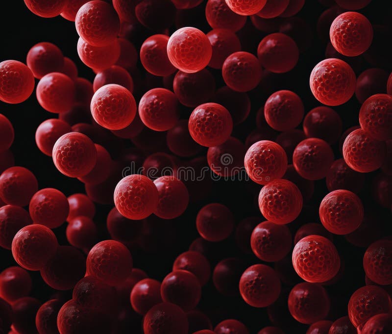 Red Spherical Cells Clustered in Dark Background, Showcasing Intricate ...