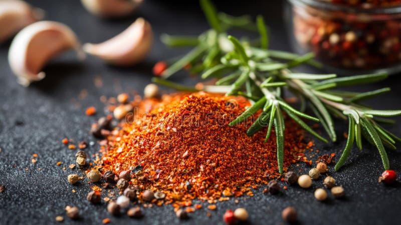 Red Spice Blend with Rosemary and Garlic on Dark Background Stock ...