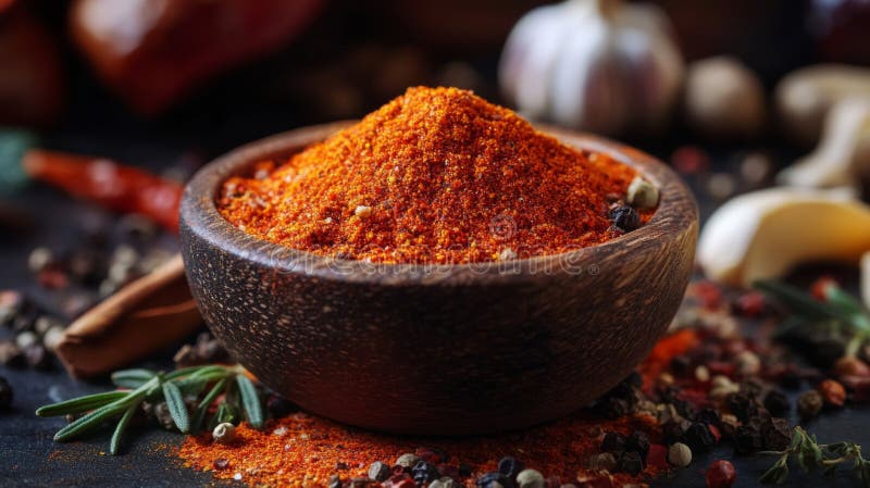Red Spice Powder in Wooden Bowl with Herbs Stock Illustration ...