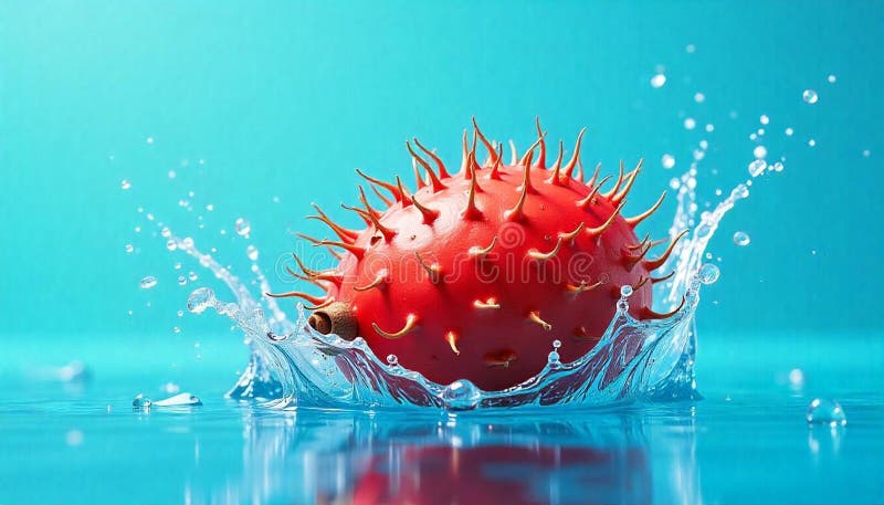 Red Spiky Object Splashing into Vibrant Turquoise Water Background ...
