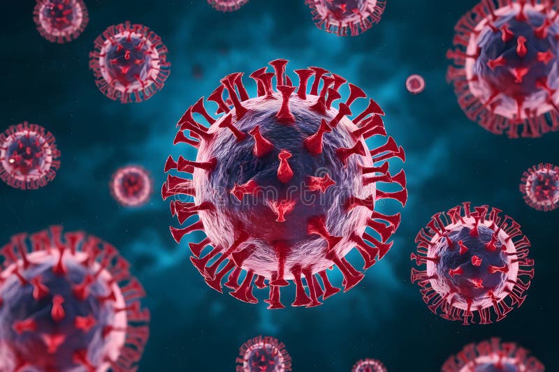 Red Spiky Spheres on Blue Background, Microscopic Virus Representation ...