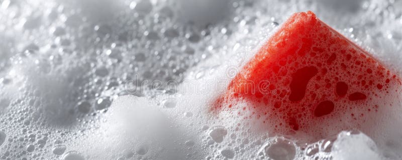 Red Sponge in Soapy Water with Foam Bubbles Stock Image - Image of ...