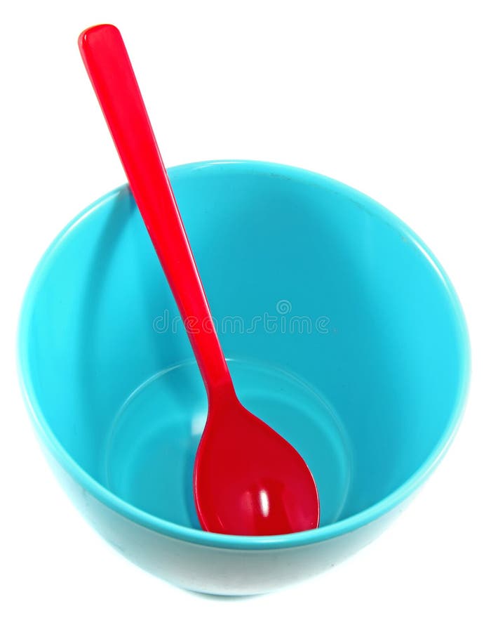 Red Spoon in Blue Bowl Isolated Stock Photo - Image of dinner, plate ...