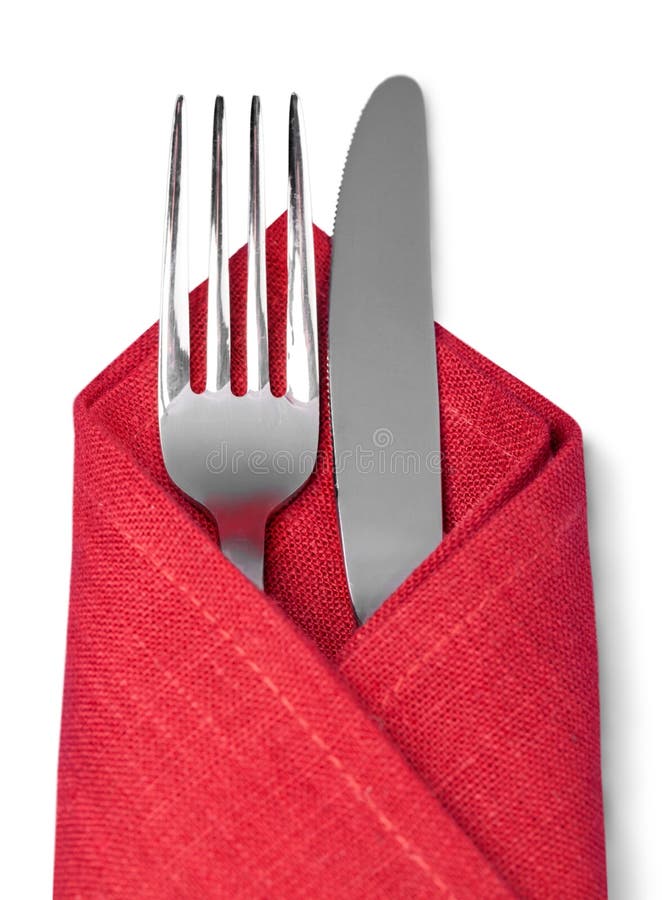 Fork and Spoon in a Red Cloth on White Stock Image - Image of plate ...