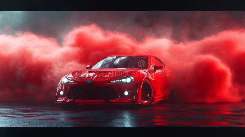 Red Sports Car in Dramatic Cloud of Smoke, Front View Stock Photo ...
