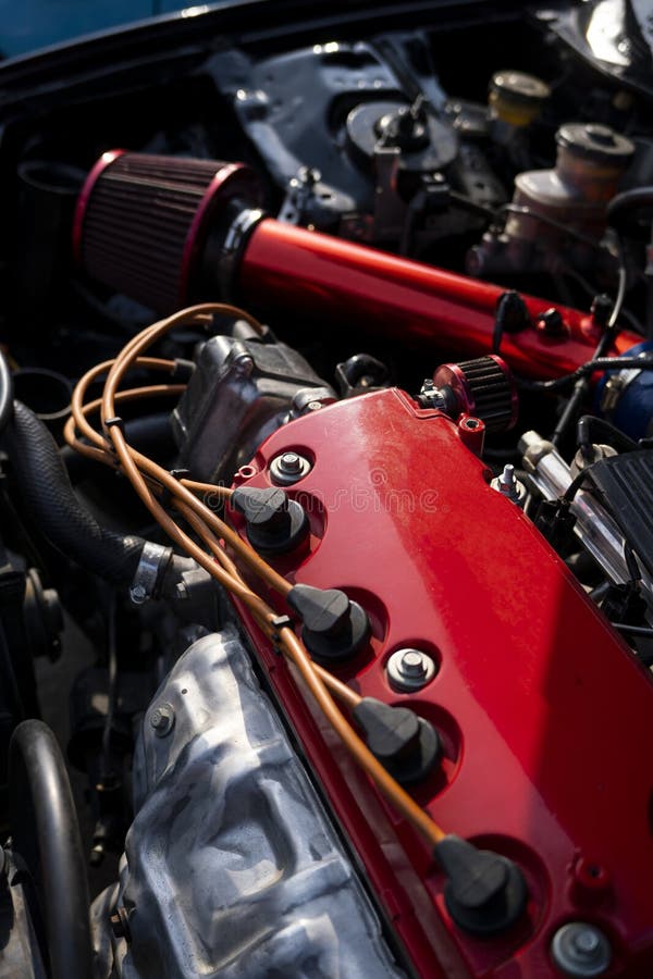 Red Sports Car Engine Showcasing Power and Precision Stock Photo ...