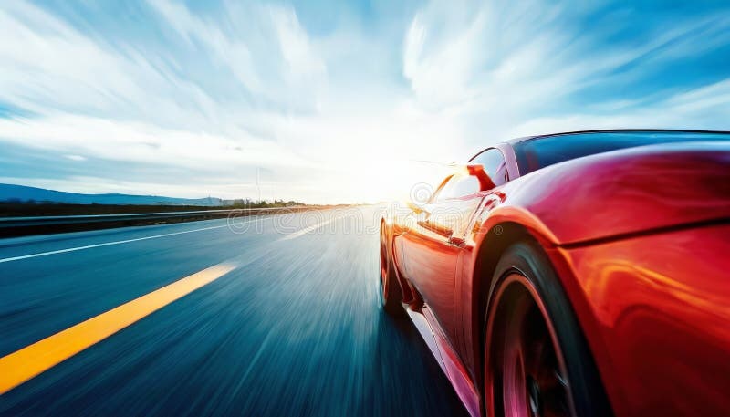 Red Sports Car Speeding Down the Highway at Sunrise Stock Image - Image ...