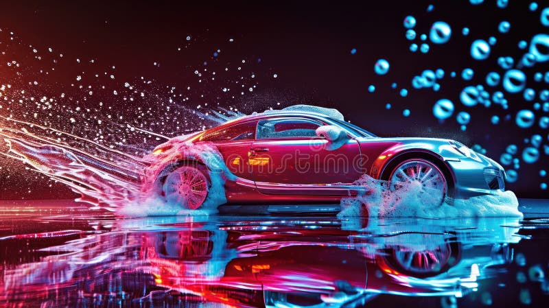 Red Sports Car Splashed with Water Under Vibrant Lights. Digital ...