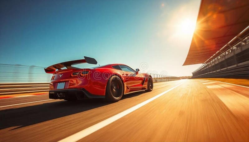 A Red Spots Car Racing on a Track at High Speed, with Motion Blur ...