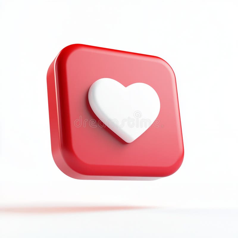 Red Square Button White Heart 3D Render Love Icon Digital Graphic ...