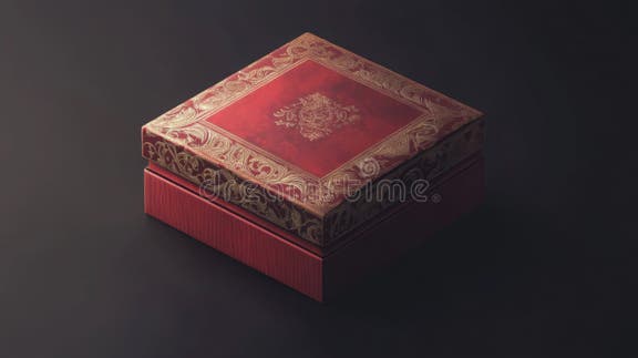Red Square Gift Box with Gold Ornate Design Stock Illustration ...