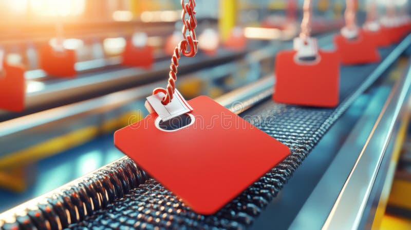 Red Square Tags Moving on Conveyor Belt in Factory Setting Stock ...