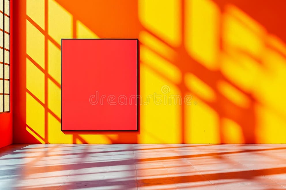 A Red Square on a Yellow Wall in an Empty Room Stock Image - Image of ...