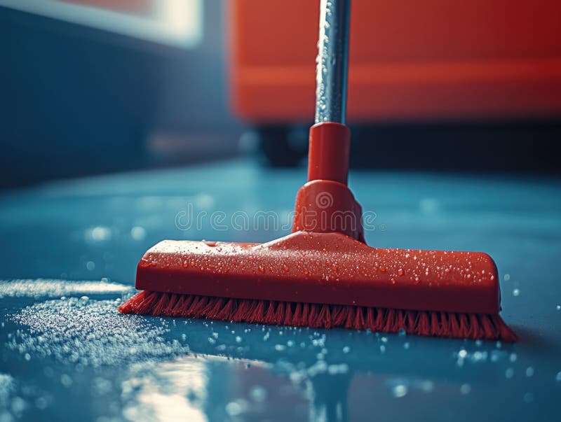 Red Squeegee on Wet Floor stock image. Image of prevention - 361834593