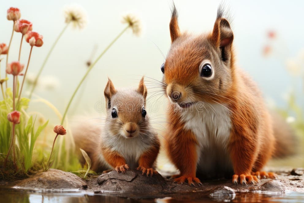 Red Squirrel with Baby in the Forest Stock Illustration - Illustration ...