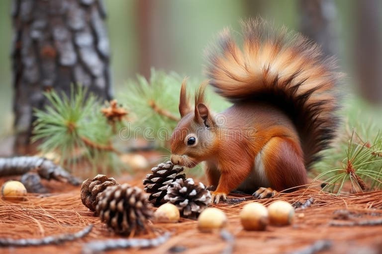 A Red Squirrel Gathering Pine Cones Stock Illustration - Illustration of animal, rodent: 297180849