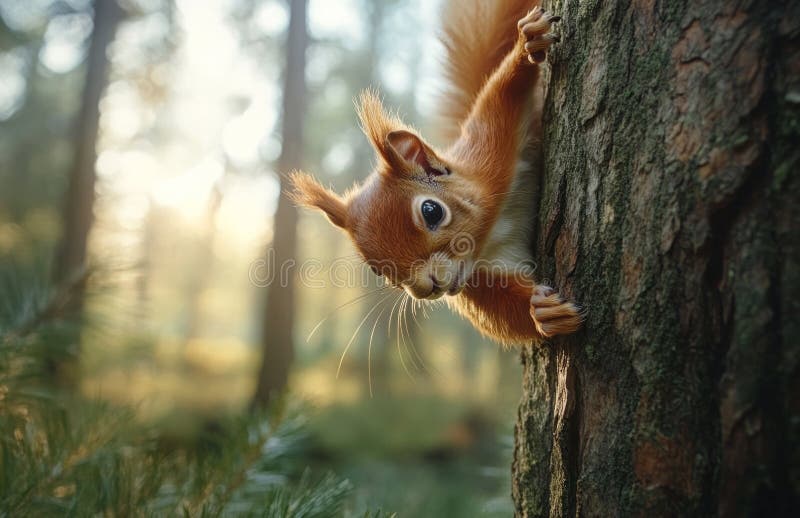 Red Squirrel Hanging Upside Down on Old Pine Tree in Spring Stock Image ...