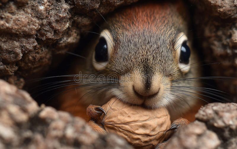 Red Squirrel Hiding in Tree Hole Eating Nut Stock Illustration ...