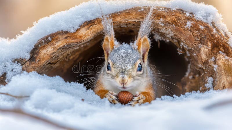 Red Squirrel Holding Nut in Snowy Log Den Stock Illustration ...