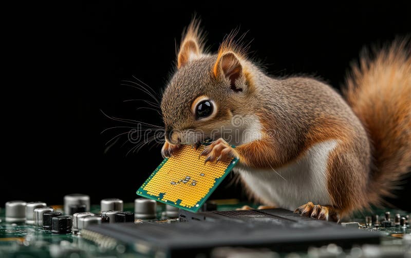 Red Squirrel Inspecting Computer Microchip on Circuit Board Stock ...