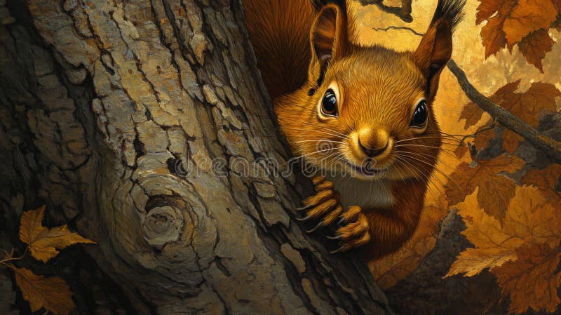 Red Squirrel Peeking from Behind a Tree Trunk in Autumn Stock ...