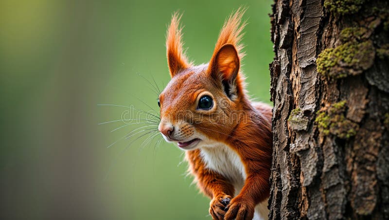 Red Squirrel Peeking from Behind Tree Trunk in Nature Stock ...