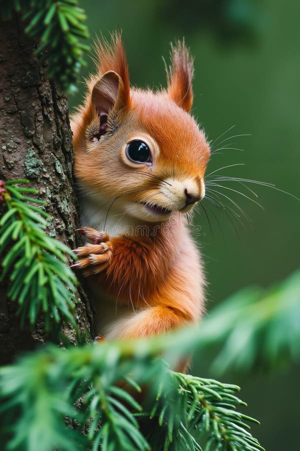 A Red Squirrel Peeking Out from Behind a Tree Stock Photo - Image of ...