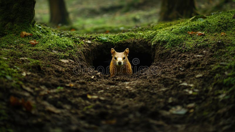 Red Squirrel Peering from Forest Burrow, Mossy Ground Stock Image ...