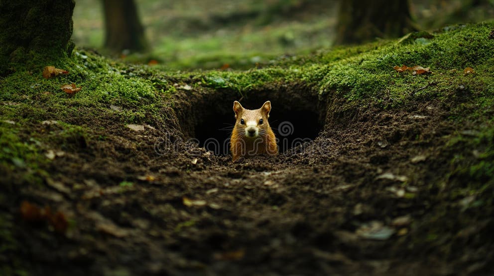 Red Squirrel Peering from Forest Burrow, Mossy Ground Stock Image ...