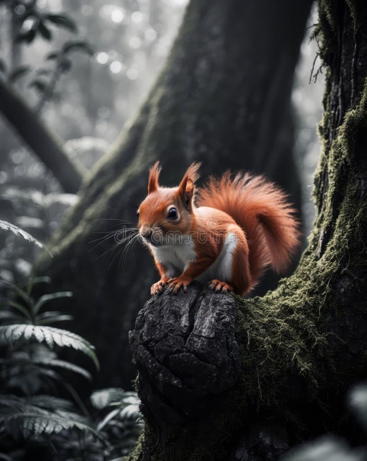 Red Squirrel Perched on Mossy Tree Trunk in Jungle Stock Photo - Image ...