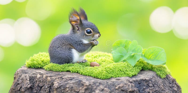 A Red Squirrel, Sciurus Vulgaris, Munching a Nut in a Green Spring Forest with Extra Space. this ...