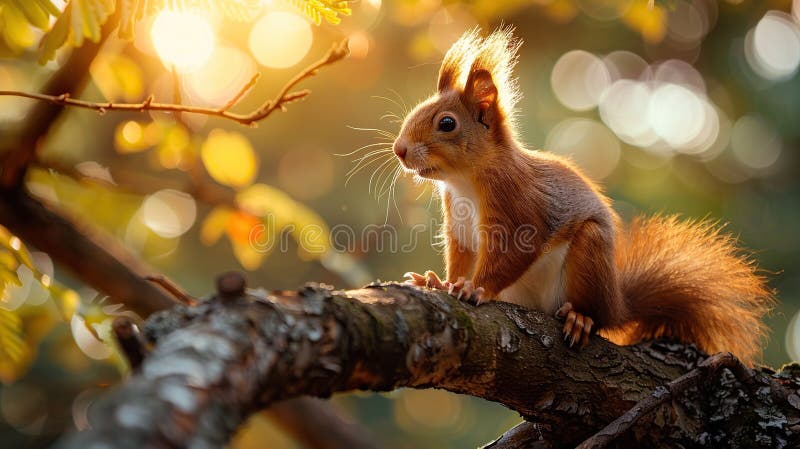 A Red Squirrel Sits on a Tree Branch with the Sun Shining Behind it ...