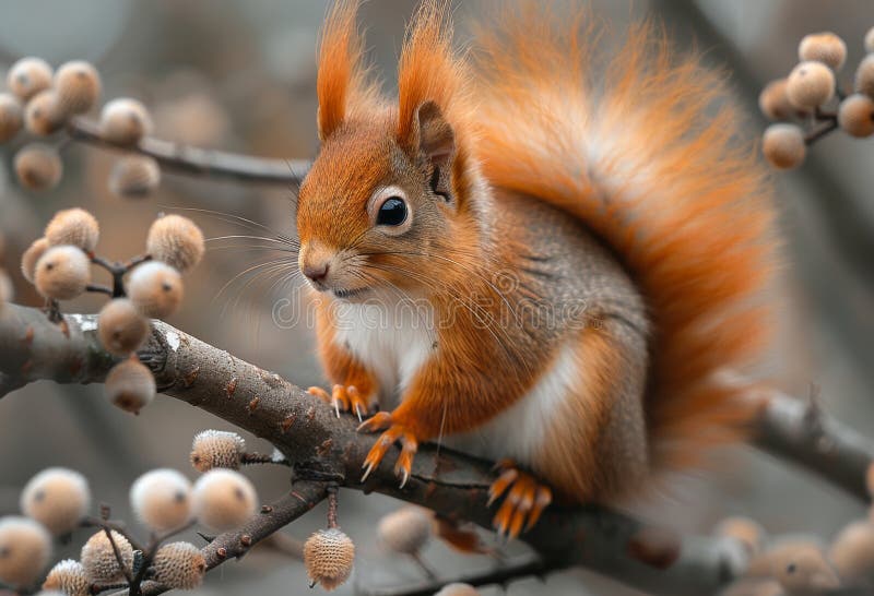 Red Squirrel Sitting on Branch with Acorns Stock Photo - Image of ...