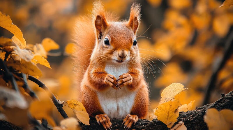 Curious Red Squirrel Posing on Branch in Autumn Forest Stock ...