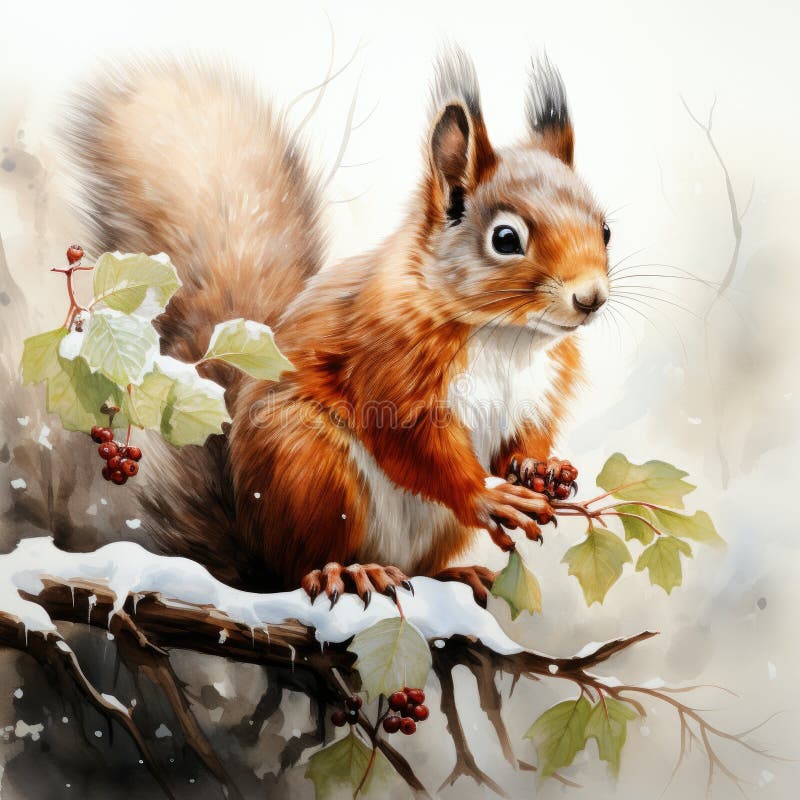 Red Squirrel Sitting on a Branch in the Winter. Watercolor Illustration ...