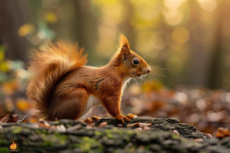 Red Squirrel Sitting on a Log in a Dense Forest, Illuminated by Soft ...