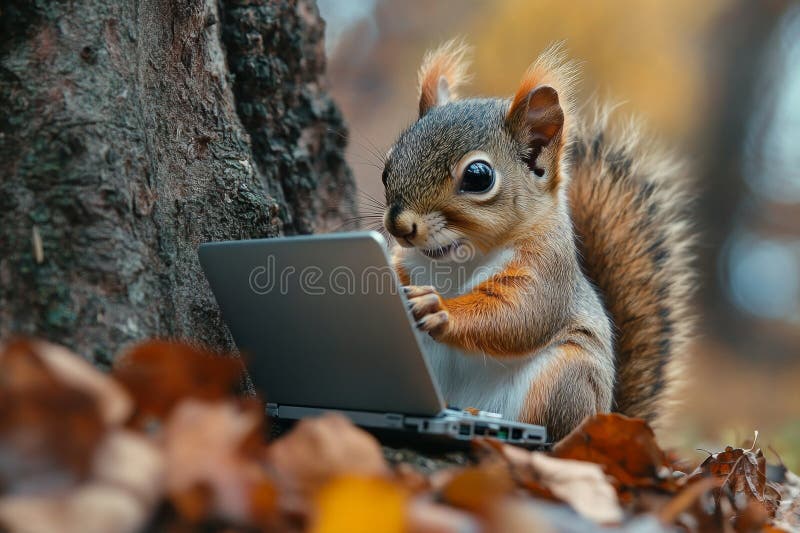 Red Squirrel Working on a Miniature Laptop Computer in Autumn Forest ...