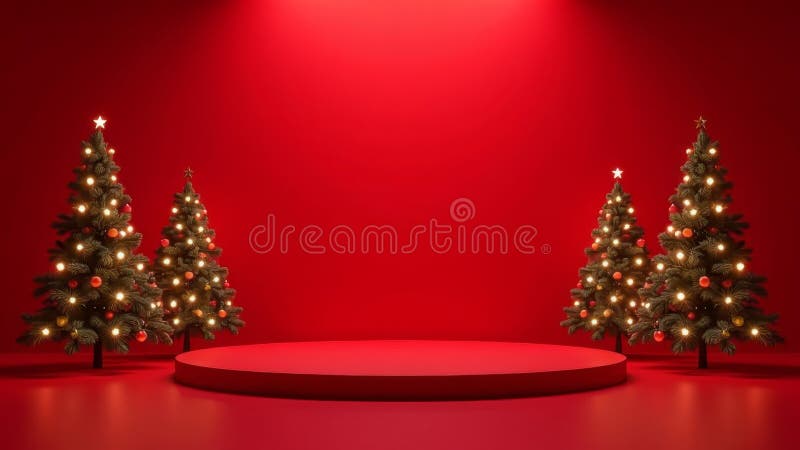 A Red Stage with a Red Backdrop and a Row of Christmas Trees. the Stage ...