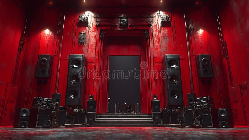 Red Stage with Black Speakers and Drum Kit Stock Illustration ...