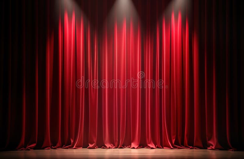 Red Stage Curtain Closed. Stage Lighting Illuminates Fabric. Empty ...