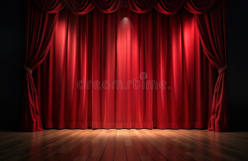 Red Stage Curtain Closed. Spotlight Illuminates Empty Stage. Dramatic ...