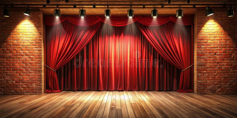 Red Stage Curtains with Brick Walls and Spotlight, Stage , Theater ...