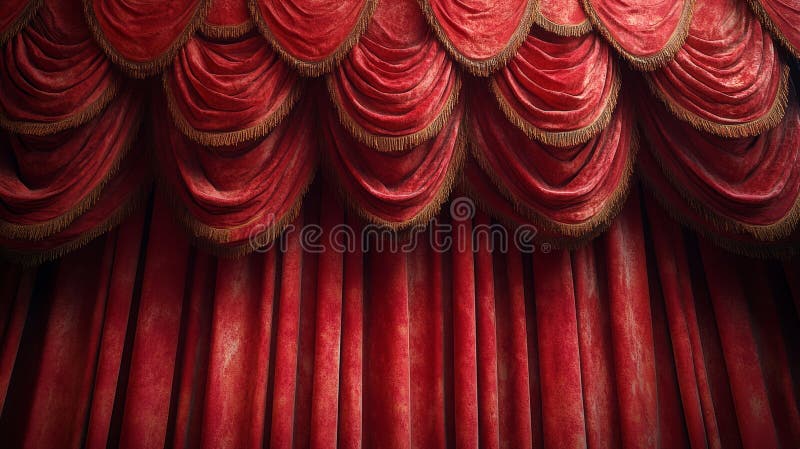 Red Stage Curtains with Decorative Draping, Dramatic Theater Concept ...