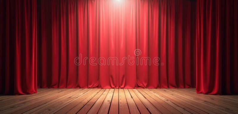Red Stage Curtains Frame Wooden Floor with Spotlight. Empty Stage ...