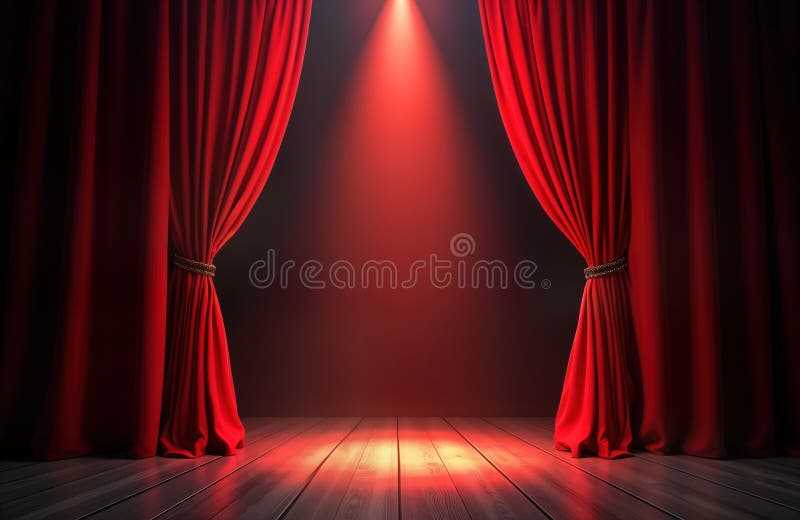 Red Stage Curtains Open Revealing Bright Spotlight on Wooden Floor ...