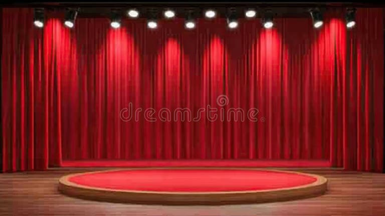 Red Stage Curtains, Spotlight, Circular Platform, Theater Stock Photo ...