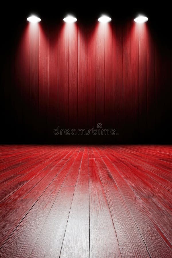 Red Stage with Dramatic Lighting on Wooden Floor and Curtain Backdrop ...