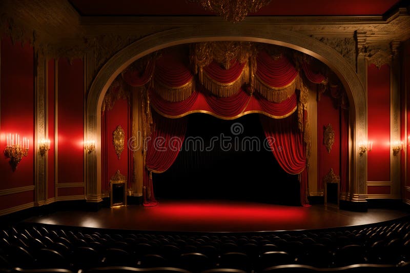 Red Stage Open Curtain with Spotlight, Theater with Red Chairs, Empty ...