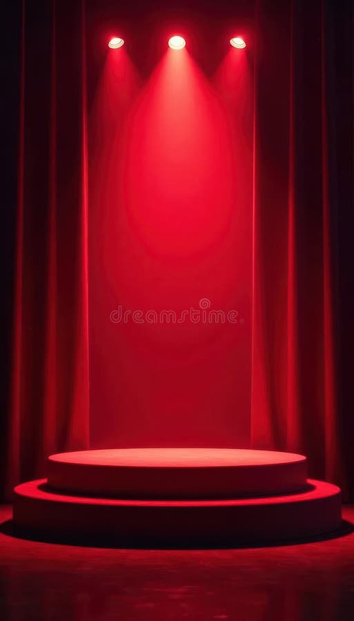 Red Stage Spotlight Illuminates Dramatic Curtain; Elevated Platform ...