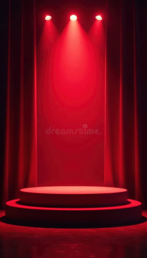 Red Stage Spotlight Illuminates Dramatic Curtain; Elevated Platform ...